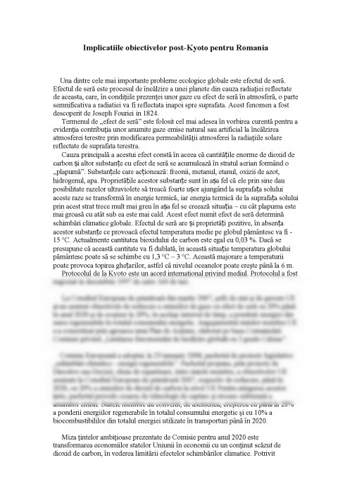 Referat: Implicațiile obiectivelor post Kyoto pentru România (#164665)