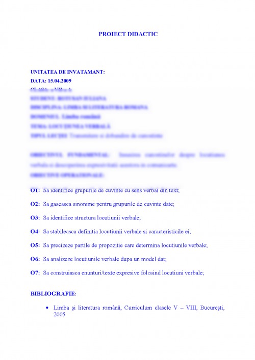 Proiect: Proiect didactic locuțiunea verbală clasa a VII-a (#165509)
