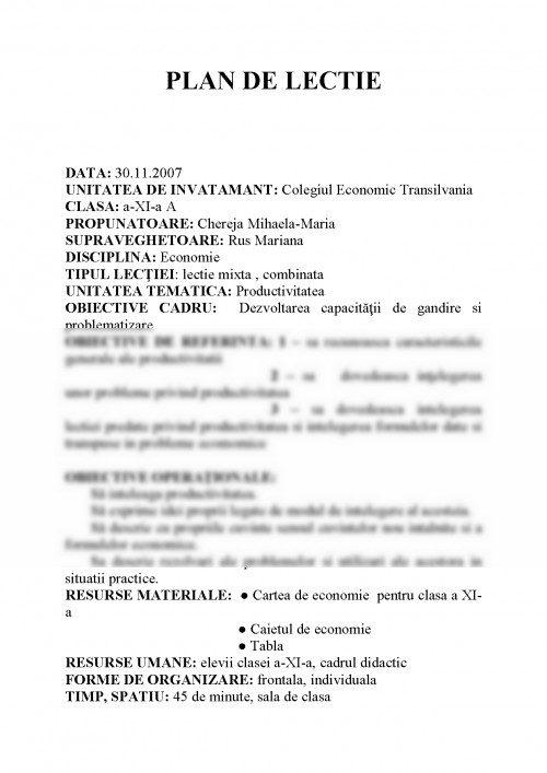 Proiect: Plan de lecție la economie (#178628)