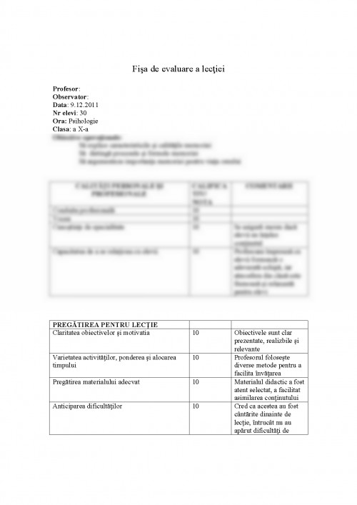 Proiect: Fișa de evaluare a lecției (#275092)