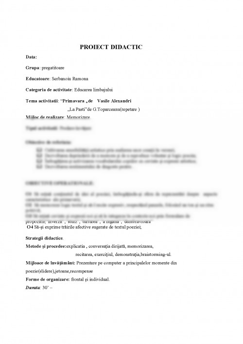 Proiect: Proiect didactic clasa pregătitoare (#282952)