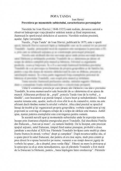 Referat: Popa Tanda, de Ioan Slavici, momentele subiectele și ...