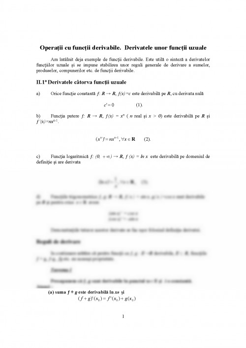 Referat: Operații cu funcții derivabile. Derivatele unor funcții uzuale ...