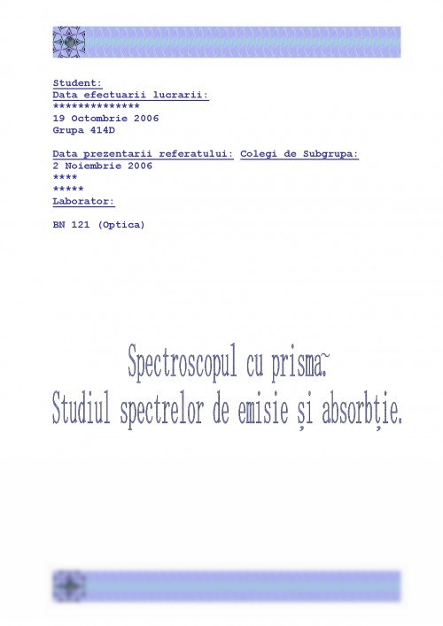 Laborator: Spectroscopul cu prismă. studiul spectrelor de emisie și absorbție (#348514)