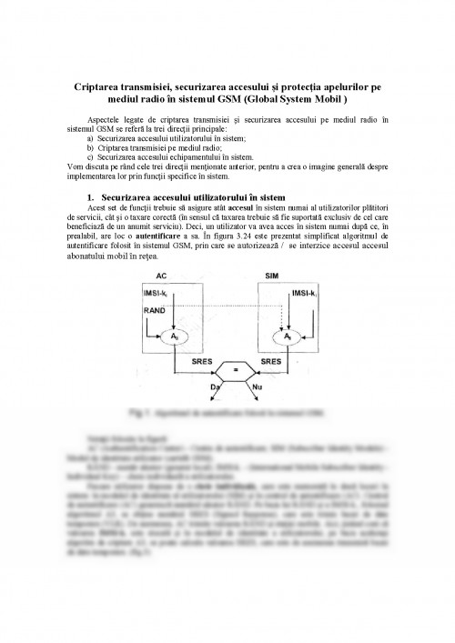 Referat: Criptarea transmisiei securizarea accesului și protecția apelurilor în sistemul GSM ...