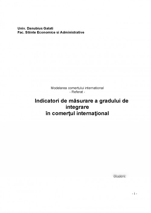 Referat: Indicatori de Măsurare a Gradului de Integrare în Comerțul ...