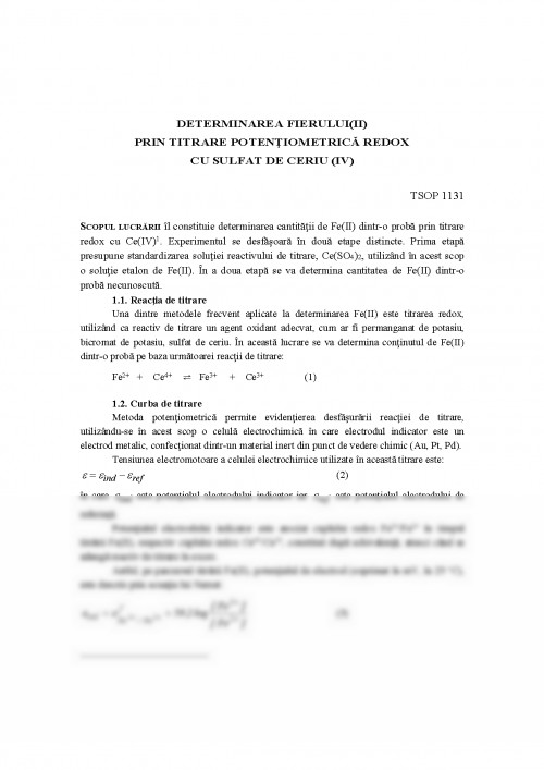 Laborator: Determinarea fierului (II) prin titrare potențiometrică redox cu sulfat de ceriu (IV ...