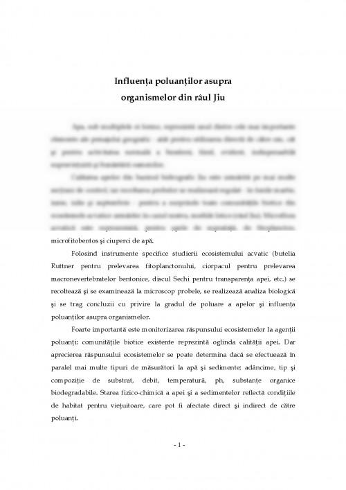 Referat: Influența poluării asupra organismelor din Râul Jiu (#402753)