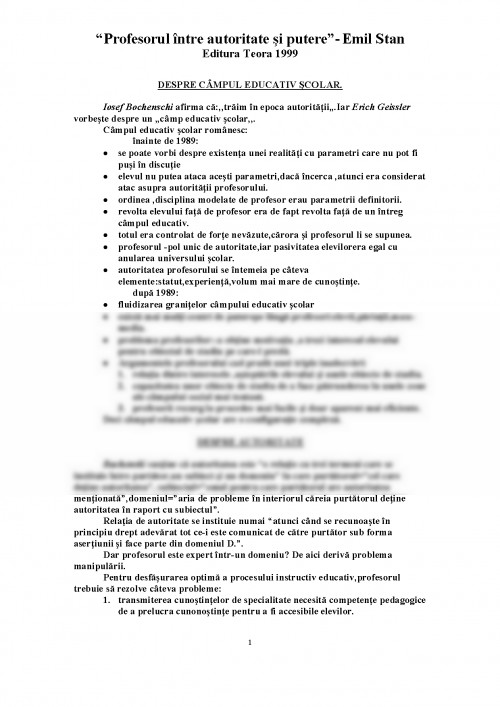 Referat: Profesorul între Autoritate și Putere - Emil Stan (#404739)