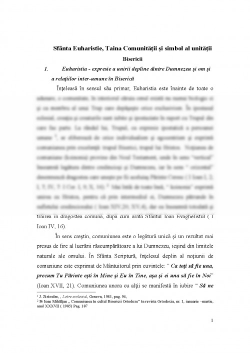 Referat: Sfânta Euharistie, taina comunității bisericii (#433481)